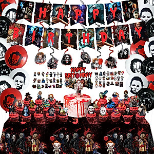 CAILESS Horror Party Decorations - Horror Movie Party Supplies 104Pcs, Classic Horror Birthday Party Decorations Included Banner Tablecloth Cake Toppers Balloon Swirls Decor and Stickers Scary Party