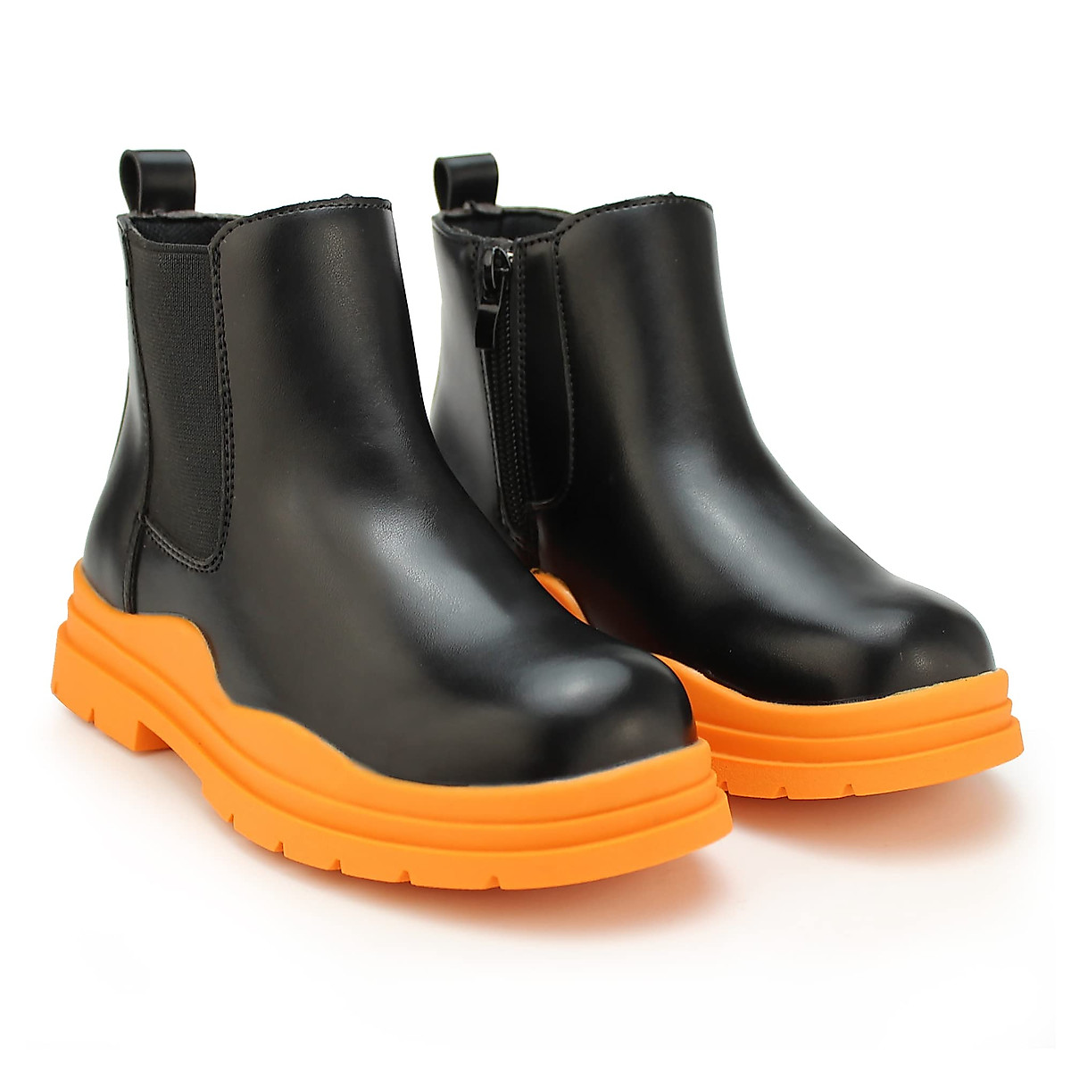 Hawkwell Boys Girls Low Heels Ankle Boots Unisex Kids Side Zipper Chelsea Booties (Toddlers/Little Kids/Big Kids),Black Orange PU 6 M US