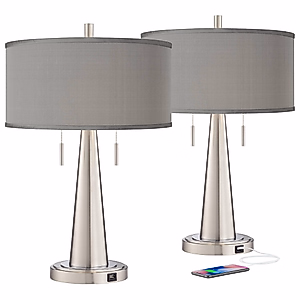 Possini Euro Design Vicki Modern Accent Table Lamps 23" High Set of 2 with USB Charging Port Brushed Nickel Gray Faux Silk Drum Shade for Living Room Desk Bedroom House Bedside Nightstand Home