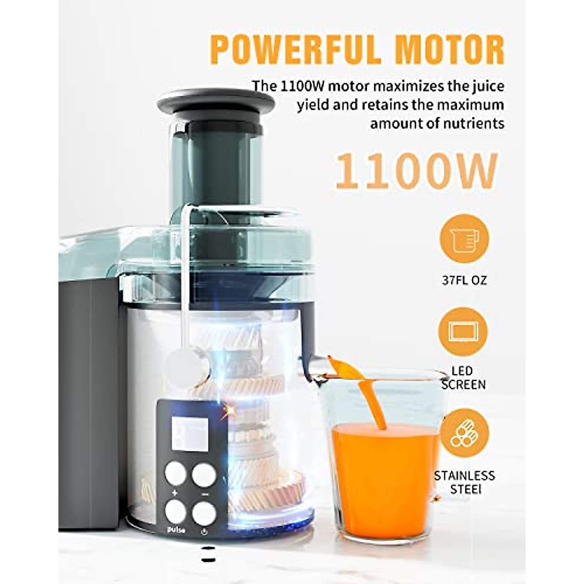 Centrifugal Juicer Machine - LCD Monitor 1100W Juice Maker Extractor, 5-Speed Juice Processor Fruit and Vegetable, 3" Feed Chute Stainless Steel Power Juicer, Easy Clean, BPA Free (Black)