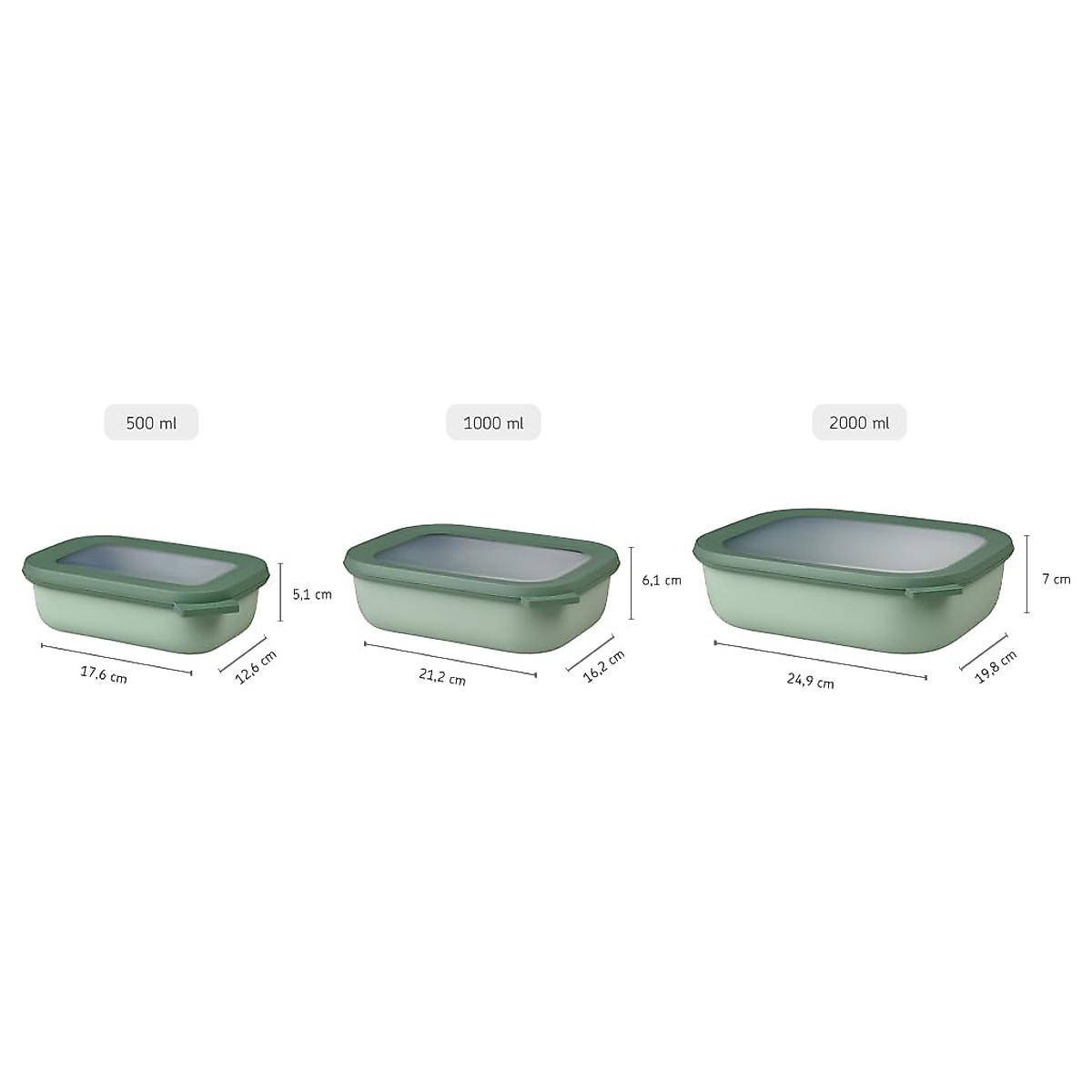 Mepal – Multi Bowl Cirqula 3-Piece Set – Food Storage Container with Lid - Suitable as Airtight Storage Box for Fridge & Freezer, Microwave Container & Servable Dish - 500, 1000, 2000ml - Nordic Sage