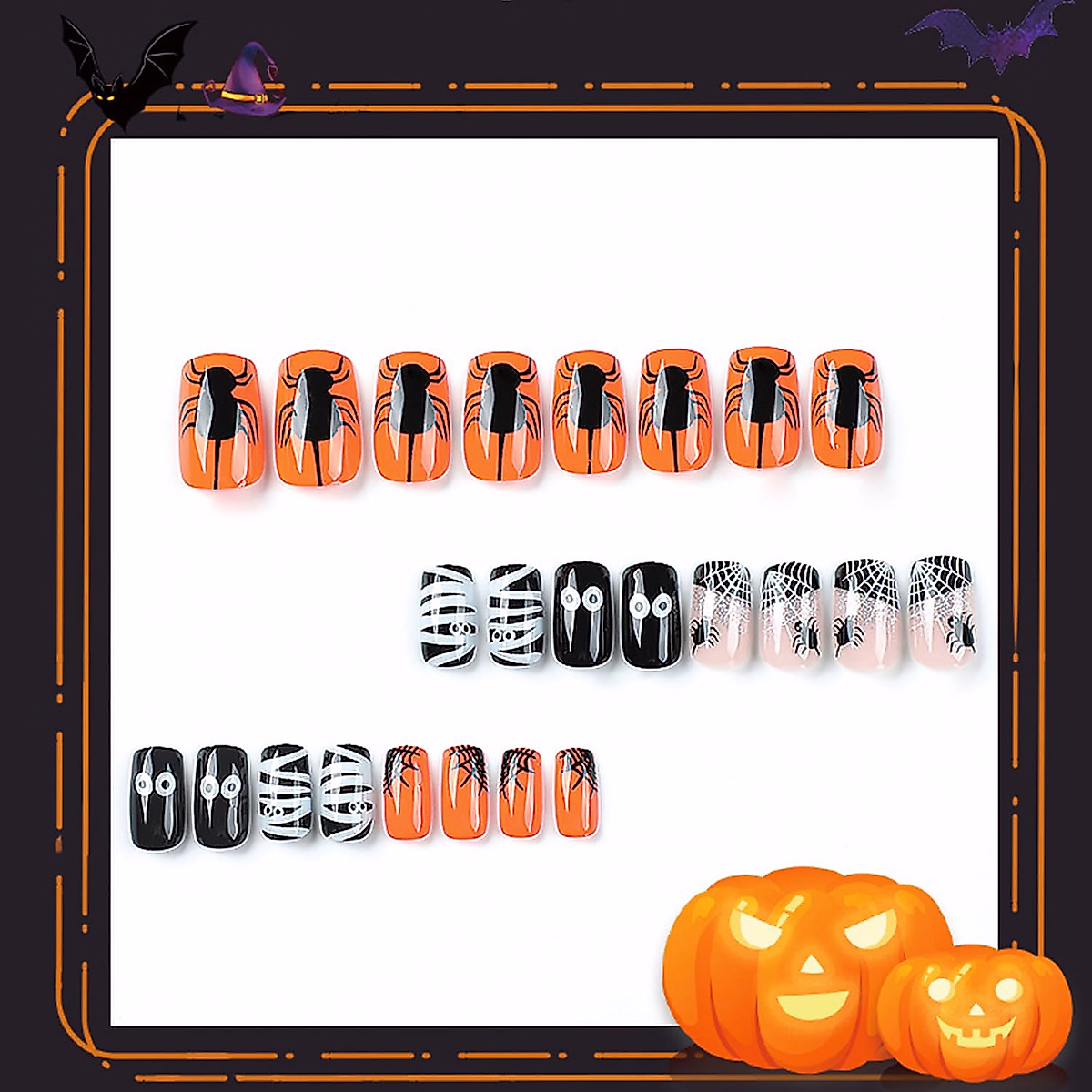 Halloween Press on Nails Glossy Medium Square Fake Nails Black White Spider Web Cartoon Eyeball False Nails Day of the Dead Full Cover Acrylic Artificial Nails Reusable Stick on Nails Glue on Nails