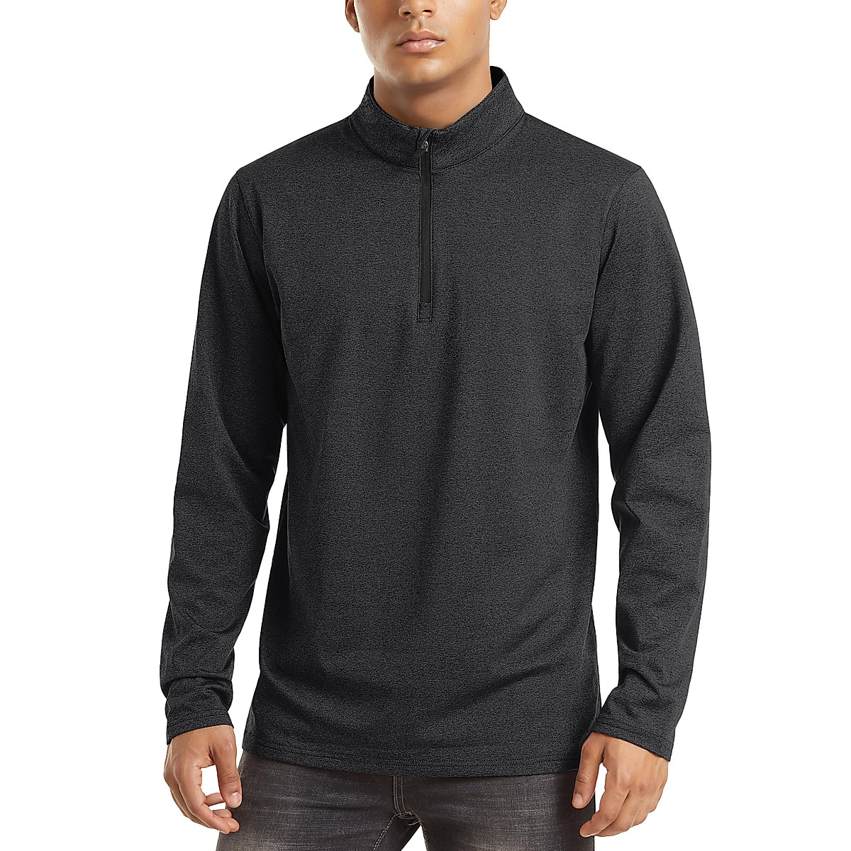 TACVASEN Men's Sports Performance Shirts Long Sleeve Pullover Shirts Tops Zip Up Black Grey, M