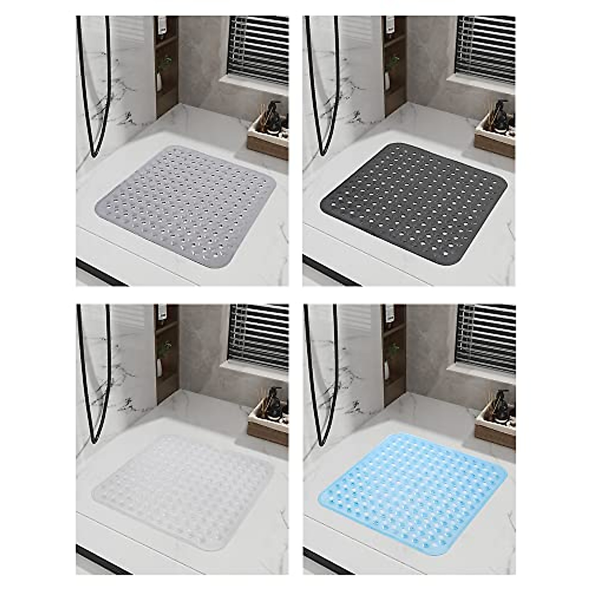 Shower Bathtub Mat Non-Slip, Machine Washable Shower Mat with Suction Cups and Drain Holes Square Bath Tub Mat for Tub or Shower Room for Kids & Elderly 21x21 Grey