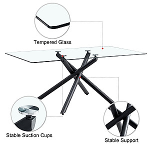 JBFF 71" Large 6-8, Modern 0.39" Tempered Glass Top Black Metal Pedestal Base, Easy Assemble, Mid-Century Rectangle Dinner Table for Dining, Living Room, Kitchen, Office