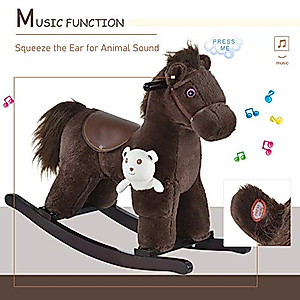 Qaba Kids Plush Ride-On Rocking Horse with Bear Toy, Children Chair with Soft Plush Toy & Fun Realistic Sounds, Brown