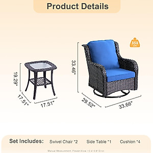 XIZZI Patio Chair Outdoor Wicker Swivel Rocker Patio Chairs Set of 2 and Matching Side Table - 3 Piece Wicker Patio Bistro Set 360 Degrees,Brown Wicker Navy Blue