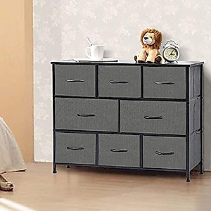 Deep Grey Fabric Dresser Storage Organizer 8-Drawer Closet Shelves, Dressers Storage Chest for Bedroom, Living Room, Hallway & Nursery with Easy Pull Fabric Bins Wood Top
