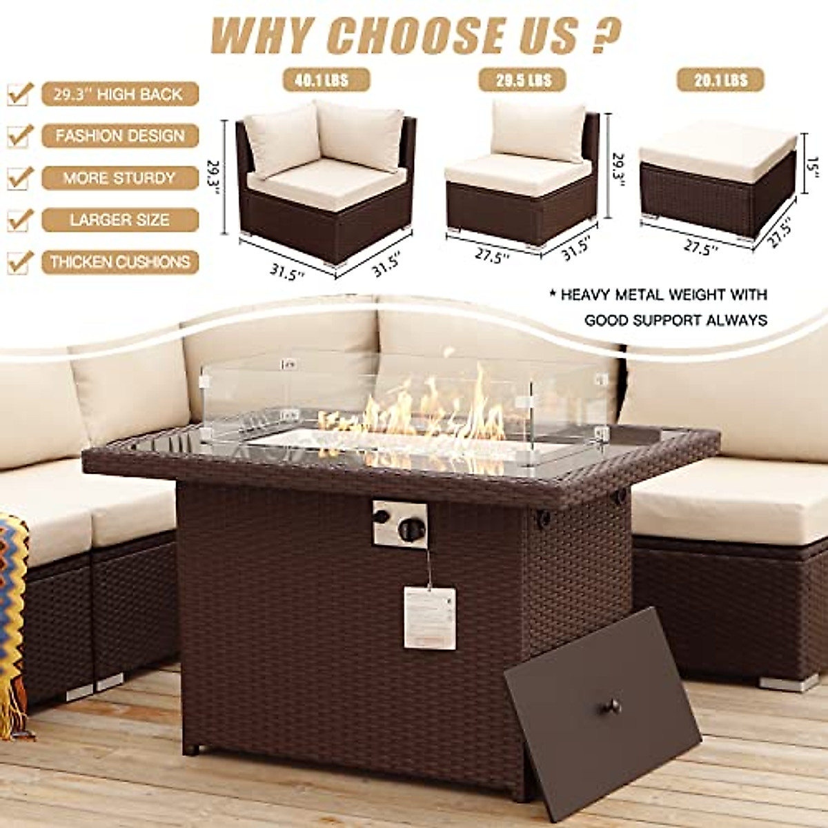 NICESOUL® Luxury High Back Extra Large Size PE Wicker Patio Furniture Sectionals 6 Pcs Outdoor Couch Sets with Fire Pit Table CSA Approved Espresso
