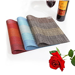 Canglifull Placemats Set of 6, Vinyl Woven Placemats, Beautiful Washable and Durable Non-Slip Table Placemats, Indoor/Outdoor Placemats (Blue, 6)