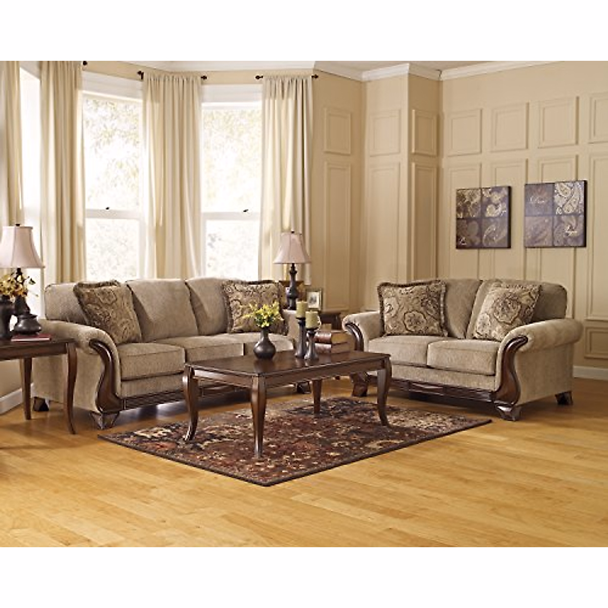 Signature Design by Ashley Lanett Traditional Faux Wood Detail Loveseat with 2 Accent Pillows, Beige