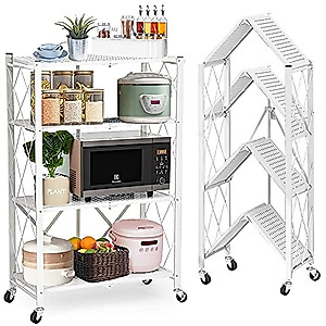 4 Tier Foldable Shelving Unit, Lanstics Folding Shelves Heavy Duty Storage Shelving with Wheels Metal Shelf Standing Shelves Units for Home Kitchen Living Room