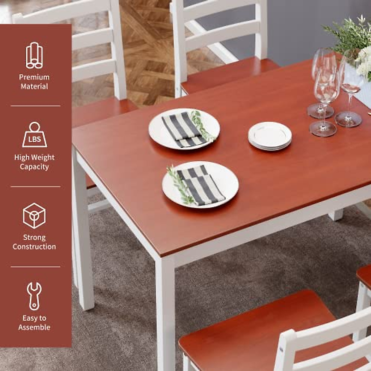 Alohappy 5 Piece Kitchen Table and Chairs Set for 4, Rectangular Pinewood Dining Table Set for Dining Room, Kitchen Room Furniture, Space-Saving & Easy Assembly (Red)
