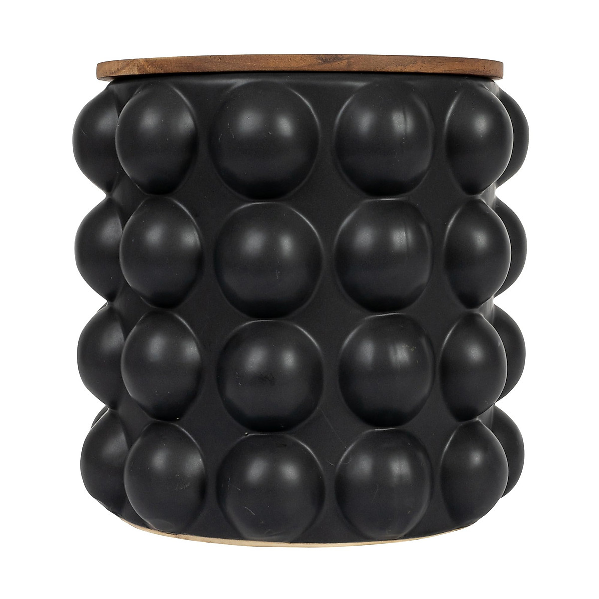 Creative Co-Op Round Stoneware Waste Raised Dots and Removable Acacia Wood Rim, Matte Black and Natural, Set of 2 Bin