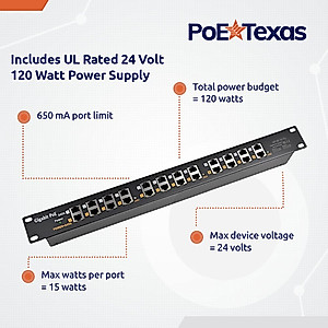 PoE Texas - PoE Injector - 12 Port Gigabit Passive Midspan Injector with 24V 120 Watt UL Power Supply - Power Over Ethernet for Ubiquiti and Mikrotik WAP, IP Camera and 24 Volt Passive PoE Devices