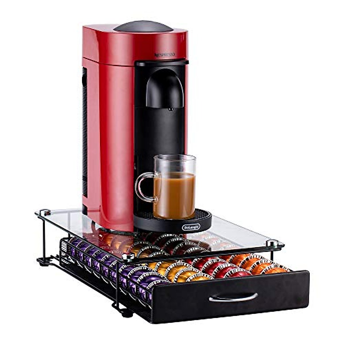 Rice rat Vertuo Capsule Holder Drawer for Nespresso With Glass For Cabinet Vertuoline Pod Storage Rack For Counter (Class-40 Pods（With handle）)