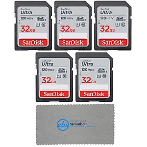 SanDisk 32 GB Class 10 SD HC Ultra Flash Memory Card - 5 Pack (SDSDUNR-032G-GN6IN) Bundle with Everything But Stromboli Microfiber Cleaning Cloth