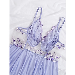 WDIRARA Women's Plus Size Floral Embroidered Mesh Lingerie Babydoll Dress with Panty Lilac Purple 3XL