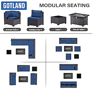 Gotland 8 Piece Outdoor Patio Furniture Set with Gas Fire Pit Table Patio Furniture Sectional Sofa w/43in Propane Fire Pit, 55,000 BTU Auto-Ignition Firepit w/Glass Wind Guard