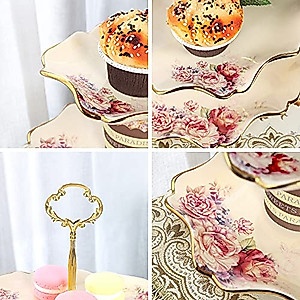 fanquare 3-Tier Floral Royal Cupcake Stand, Vintage Fruit Plate with Gold Trim, Dessert Stand for Birthday, Wedding, Tea Party