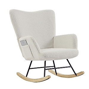 VECELO Rocking Chair, Modern Nursery Upholstered Glider Rocker Padded Seat with High Backrest Armchair with Pocket for Living Room, Bedroom, Offices, Balcony, White
