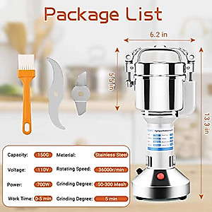 BAOJIAFU Electric Grain Mill Grinder 150g High-speed Grain Spice Herb Grinder 700W Dry Grinder Machine 304 Stainless Steel Superfine Powder Grinder 36000r/min for Kitchen Home and Commercial (150G)