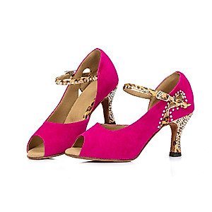 URVIP 2021 Women's Suede Leather High-Heel Ballroom Pumps Modern Latin Tango Shoes Ankle Strap Dance Shoes LD001 Fuchsia 5.5 B(M) US