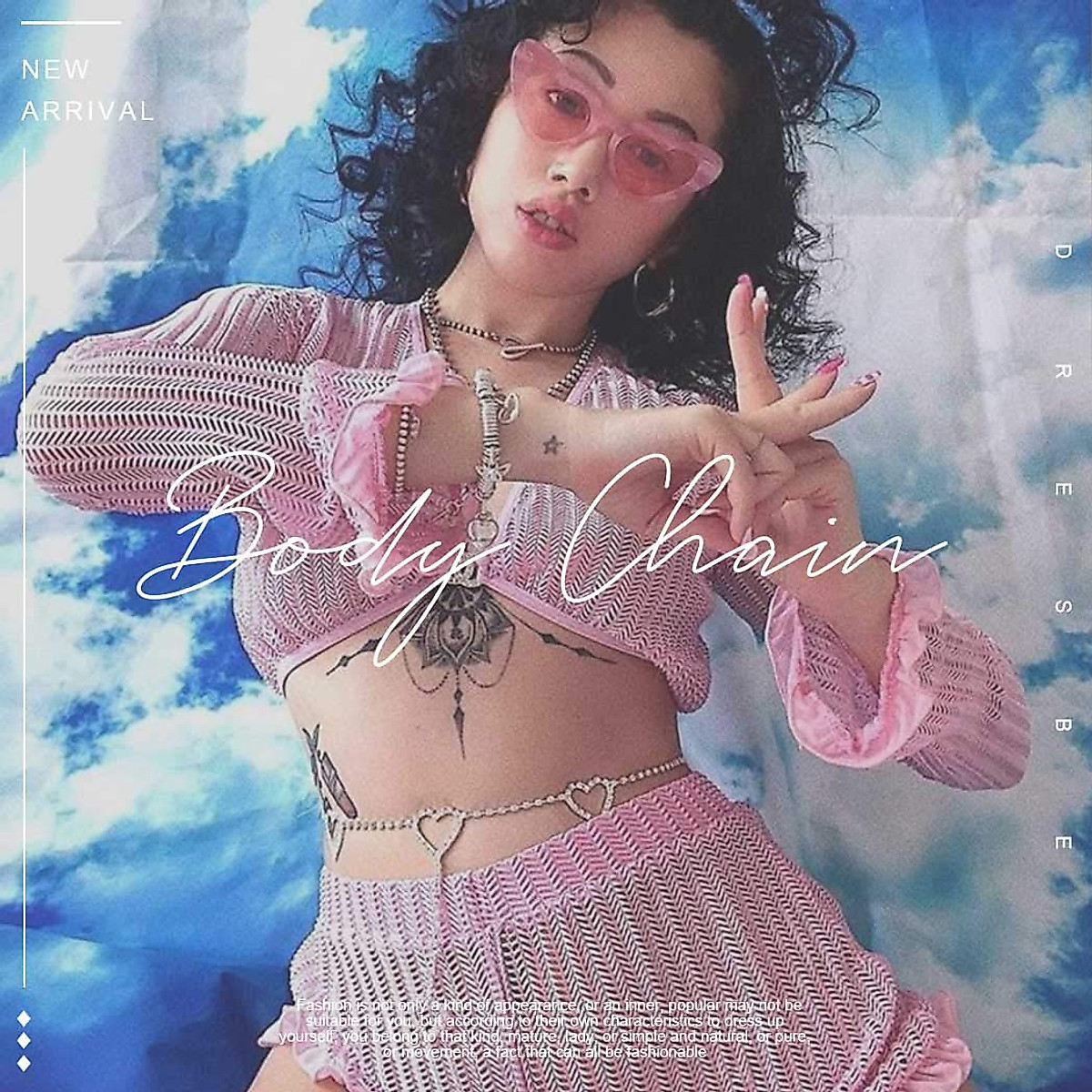 Dresbe Rhinestone Belly Waist Chain Silver Heart Body Chains Party Body Jewelry Accessories for Women