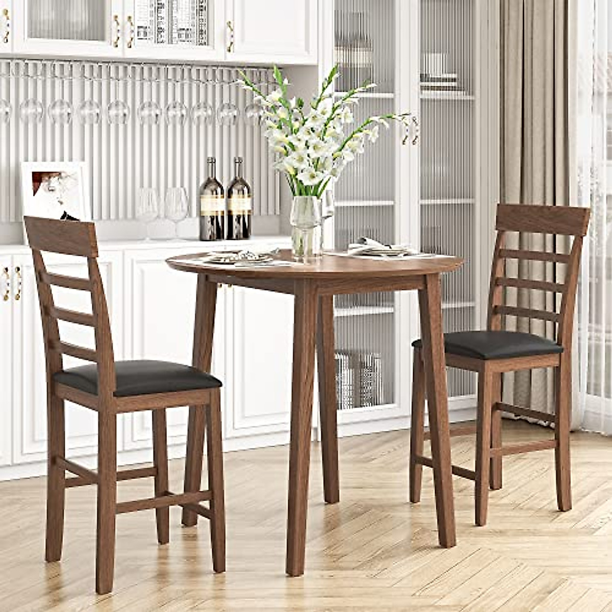 Voohek, Walnut 3-Piece Dining Set w/Drop-Leaf, 2 Upholstered Chairs,Counter Height Furniture, with PU Leather Cushion for Kitchen, Small Space, Bar