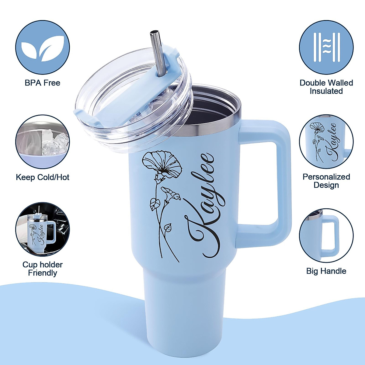 Elemtansy Ships Next Day, Personalized 40 Oz Tumbler with Handle and Straw, Custom Stainless Steel Insulated Tumbler with Name Travel Coffee Mug Personalized Gifts for Women Girls