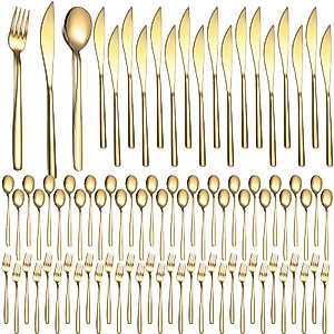 Lemosae 240 Pcs Gold Silverware Set Service for 80 Stainless Steel Flatware Set Gold Flatware Gold Cutlery Gold Forks Knives and Spoons Set for Wedding Parties Kitchen Restaurant Home, Dishwasher Safe