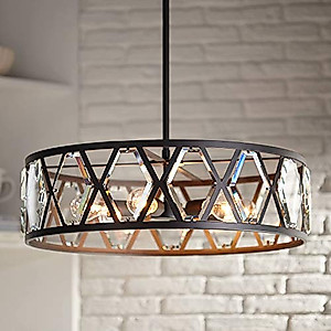 Regency Hill Lexington Black Pendant Chandelier 26" Wide Rustic Industrial Clear Crystal Glass Drum Shade 6-Light Fixture Dining Room House Foyer Entryway Kitchen Bedroom Living Room