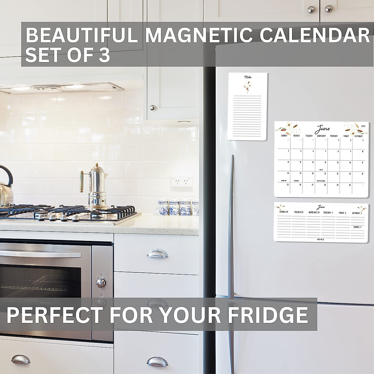 Beautiful 2023 Magnetic Fridge Calendar Set 3 - Runs Until July 2024 - The Perfect Weekly/Monthly Calendar And Notepad With Floral Designs for Easy Organizing