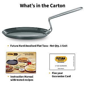 Futura Hard Anodised Flat Tava Griddle, 10-Inch, 4.88mm with Steel Handle, Black