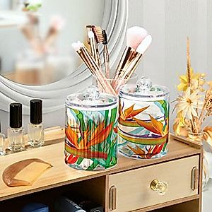 Kigai 2 Pack Qtip Dispenser Apothecary Jars Bathroom 14oz - Birds Of Paradise Flower Qtip Holder Storage Canister Clear Plastic Acrylic Jar for Cotton Ball,Cotton Swab,Q-tips,Cotton Rounds