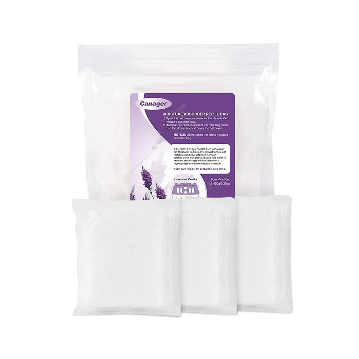 CANAGER Large Capacity Moisture Absorber Refill Bag - 16 oz 3 Packs, Lavender Vanilla, Individual Packaging, Easy to Replace, Absorb Excess Moisture and Create Fresh Air.