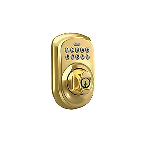 Schlage BE365 V PLY 505 Plymouth Keypad Deadbolt, Electronic Keyless Entry Lock, Bright Brass