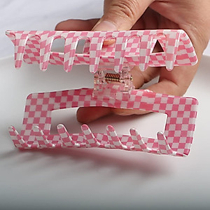 Checkered Hair Claw Clips,Pack of 1,Vintage Checkered Claw Clips Cellulose Acetate Banana Clips,Nonslip Banana Hair Clamp for Women Girls (Pink,L)