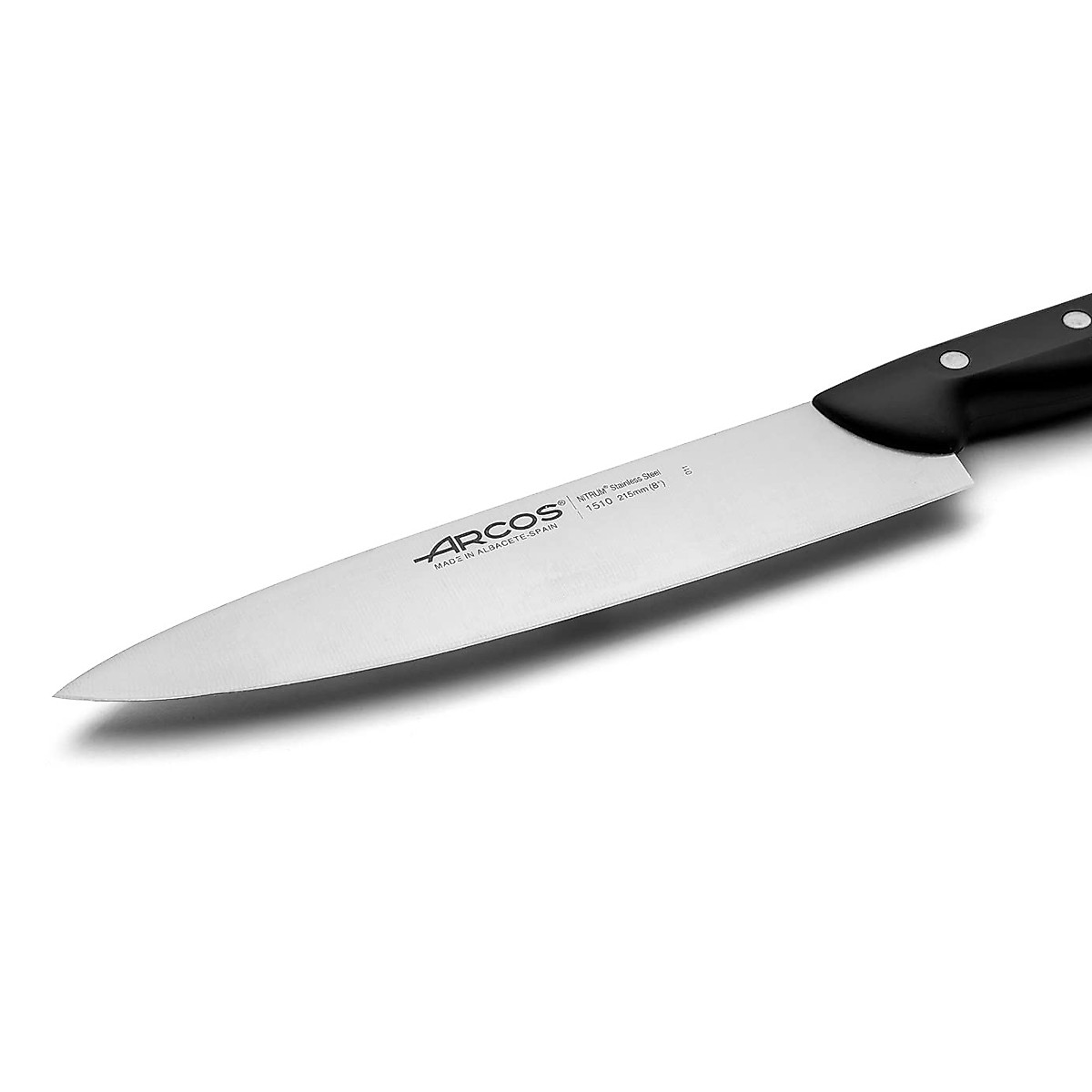 ARCOS Chef Knife 8 Inch Stainless Steel. Multi-use Professional Cooking Knife for Cutting Meat and Vegetables. Ergonomic Polyoxymethylene Handle and 215mm Blade. Series Maitre. Color Black