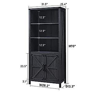 JXQTLINGMU Farmhouse Storage Cabinet, 5 Shelf Bookshelf, Bookcase, Pantry Cabinet, Versatile Storage Cabinet with Doors and Adjustable Shelves for Living Room, Bedroom, Kitchen (Black)