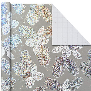 Hallmark Christmas Wrapping Paper Bundle with Cutlines on Reverse (3 Rolls: 80 sq. ft. ttl) Teal and Silver, Elegant Woodland with Deer, Holographic Pinecones