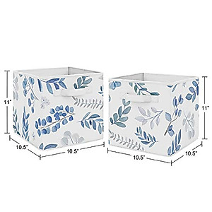 Sweet Jojo Designs Floral Leaf Foldable Fabric Storage Cube Bins Boxes Organizer Toys Kids Baby Childrens - Set of 2 - Blue Grey and White Boho Watercolor Botanical Flower Woodland Tropical Garden