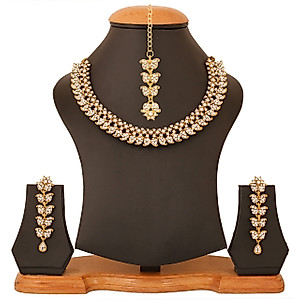 Touchstone Hollywood Glamour white crystals paisley motif grand jewelry necklace in antique tone for women (D298 Gold - 2)