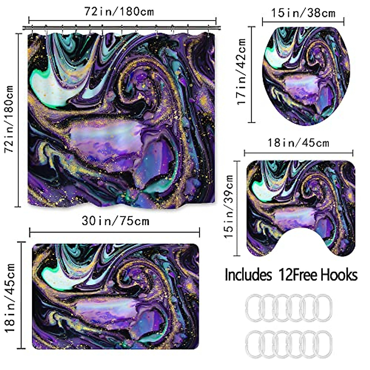 Dexsawoi 4-Piece Purple Marble Shower Curtain Set with Non-Slip Purple Blue Crystal Mineral Marble Carpet, Toilet lid, and Bath mat. Bathroom Curtain with 12 Hooks 72 x 72 inches