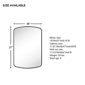 EGHOME Matt Black Arched Recessed and Surface Mount Bathroom Medicine Cabinet with Mirror Metal Framed Rectangular Bathroom Cabinet with 3 Tempered Glass Adjustable Shelves 18x27''