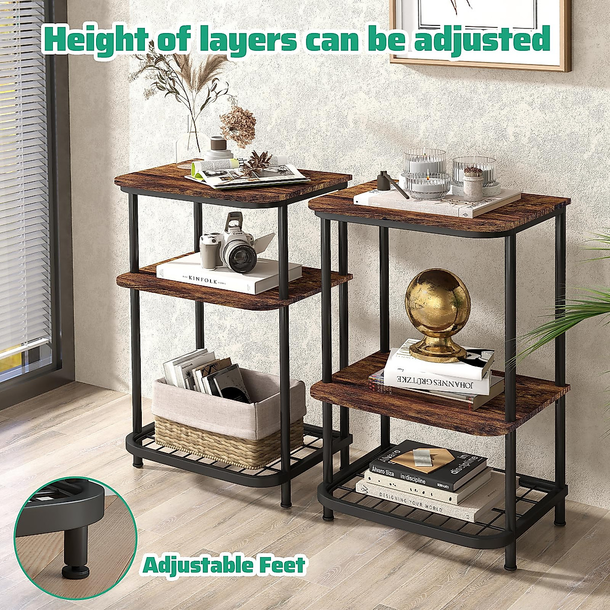 MOFAIN Side Table 3-Tier Small End Table for Small Spaces Storage Accent Table Night Stand for Living Room Bedroom Couch(Rustic Brown)