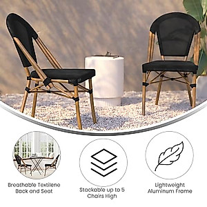 Flash Furniture Marseille 2 Pack Indoor/Outdoor Commercial Bistro Stack Chairs - Black Textilene Back and Seat - Natural Bamboo Print Aluminum Frame
