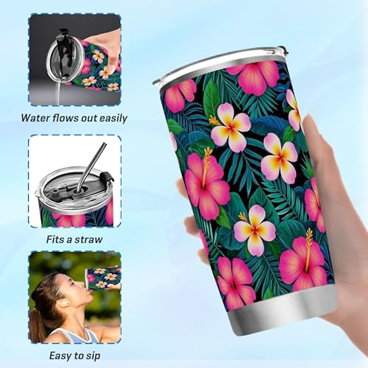 Summer Plumeria Hibiscus Palm Leaf Stainless Steel cups with lids with Lid and Straw coffee mugs with lids for Home, Office or Car safe tumbler with lid and straw 20 OZ