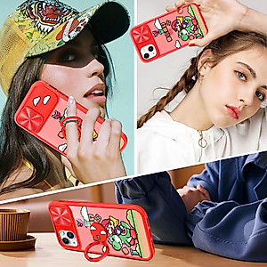 Joyleop (2in1 for iPhone 13 Case Cartoon Cute Maliao for Girls Pretty Women Teen Kids Girly Phone Covers Red Pattern Design with Slide Camera Cover+Ring Holder for Apple 13 6.1”