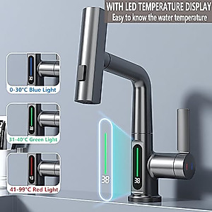 BARROCK Waterfall Bathroom Faucets with Pull Down Sprayer, Modern Pull Out Bathroom Sink Faucet with Digital Temperature Display, Height Adjustable Basin Mixer Tap No Battery Needed, Gun Grey